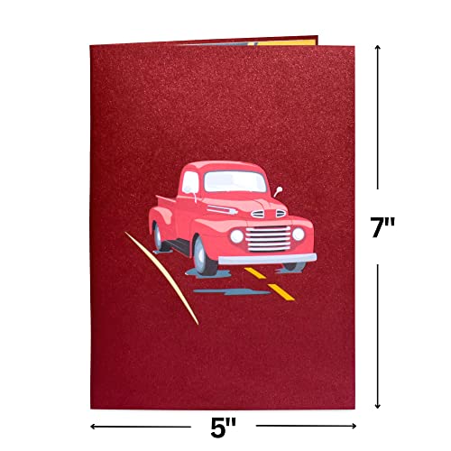 Paper Love Classic Red Truck Pop Up Card, For Father's Day, Birthday, All Occasion, Dad, Husband, Son - Handmade - 5" x 7" Cover - Includes Envelope and Note Tag