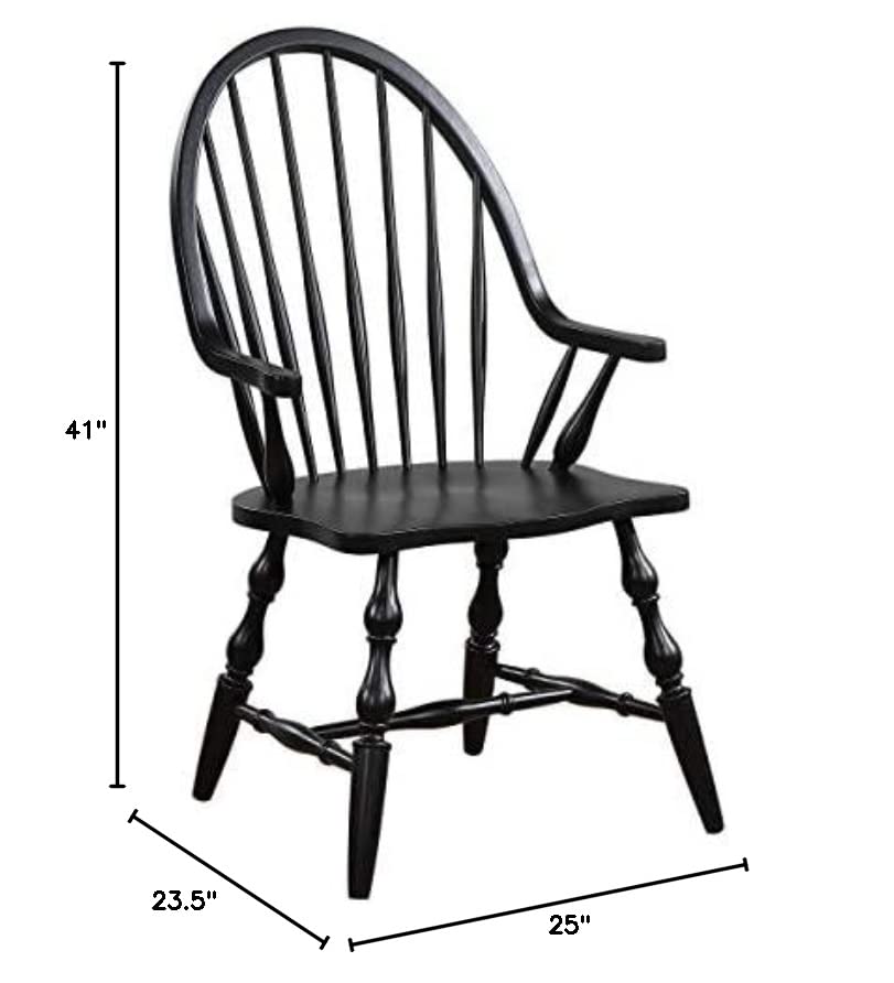 Sunset Trading Windsor Dining Chair with Arms, Antique Black with Cherry Rub (DLU-C30A-AB-2)