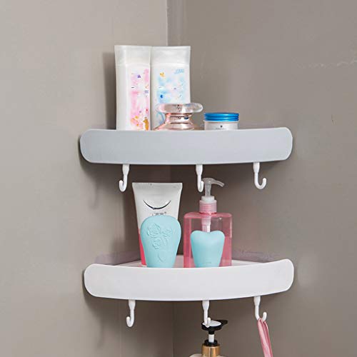 Lofiu Adhesive Corner Wall Storage Shelf with 3 Hooks NO-Drilling Hanging Rack Basket Holder Organizer for Kitchen Bathroom (Blue)