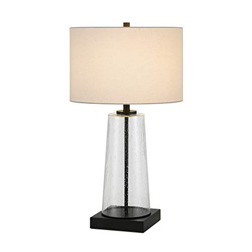 Dax 27.5" Tall Table Lamp with Fabric Shade in Seeded Glass/Blackened Bronze/White