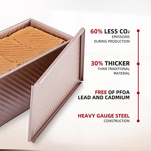 KITESSENSU Pullman Loaf Pan with Lid, 1 lb Dough Capacity Non-Stick Bakeware for Baking Bread, Carbon Steel Corrugated Bread Toast Box Mold with Cover for Baking Bread, Gold