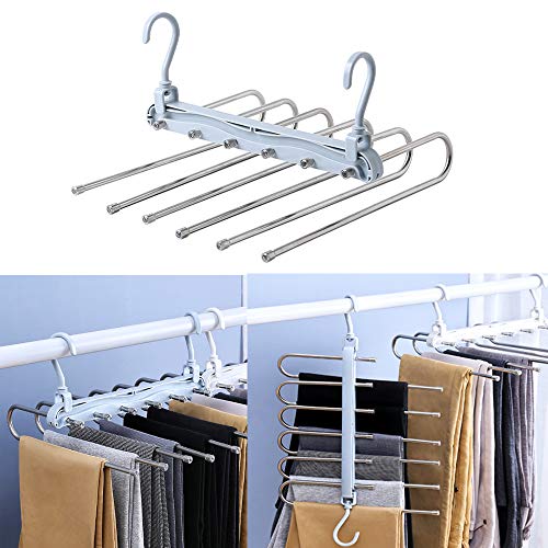 Space Saving Pants Hangers, Foldable 6 Layers Stainless Steel Jeans Organizer for Closet, Non-Slip 6 in 1 Multifunctional Trouser Rack (Blue)