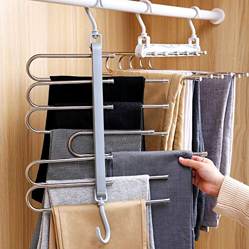 Space Saving Pants Hangers, Foldable 6 Layers Stainless Steel Jeans Organizer for Closet, Non-Slip 6 in 1 Multifunctional Trouser Rack (Blue)