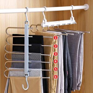 Space Saving Pants Hangers, Foldable 6 Layers Stainless Steel Jeans Organizer for Closet, Non-Slip 6 in 1 Multifunctional Trouser Rack (Blue)