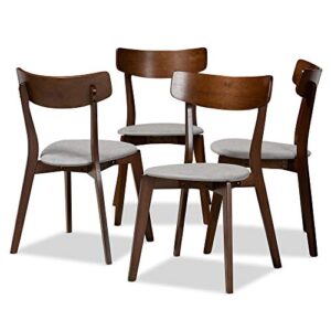 baxton studio iora mid-century modern transitional light grey fabric upholstered and walnut brown finished wood 4-piece dining chair set