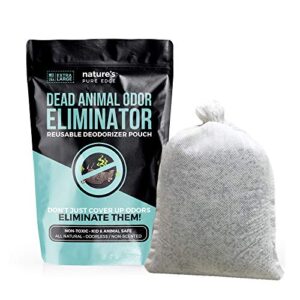 dead animal smell removal reusable deodorant pouch. eliminate dead animal smell without scent. decay odor remover. fragrance free. pet and kid safe. extra large, covers 375 square feet.