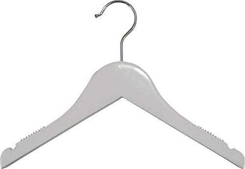 Kids White Finish Wood Top Hanger with Notches and Rubber Strips in 12" Length X 7/16" Thick with Chrome Hardware, Box of 100