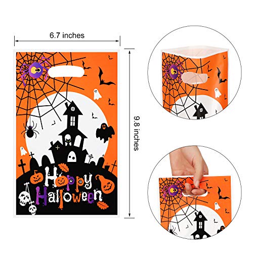 100 Pieces Halloween Plastic Bags Candy Bags Trick or Treat Bags Jack O Lantern Pumpkin Treat Bags Goody Bags Favor Bags in 5 Designs for Halloween Party Favor