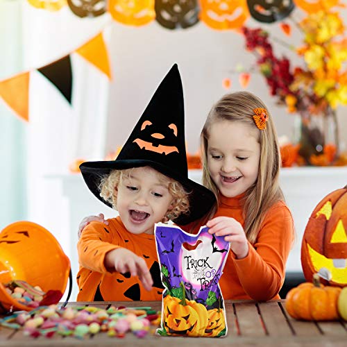 100 Pieces Halloween Plastic Bags Candy Bags Trick or Treat Bags Jack O Lantern Pumpkin Treat Bags Goody Bags Favor Bags in 5 Designs for Halloween Party Favor