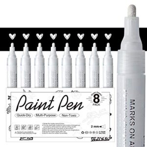 white paint pen for art - 8pack acrylic white paint marker for rock painting, stone, wood, canvas, glass, metal, metallic, ceramic, tire, graffiti, paper, drawing, highlight water-based paint sets