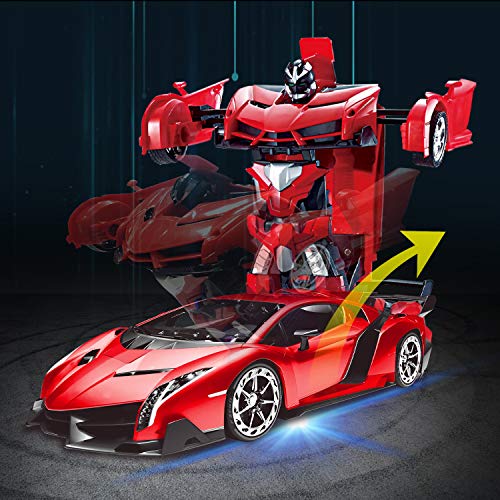 AMENON Remote Control Transform Car Robot Toy for Boys Kids Teens Toys with Lights RC Car 2.4Ghz 1:18 Rechargeable 360°Rotating Race Car Toys Gifts for Kids Girls Party Favors (Red)