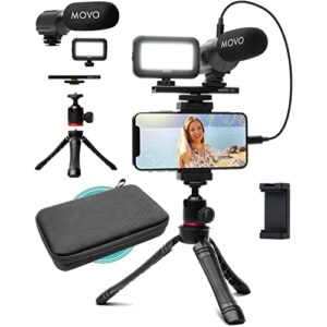 movo ivlogger vlogging kit for iphone - lightning compatible video vlog kit - accessories: phone tripod, phone mount, led light and shotgun microphone - for youtube starter kit or iphone vlogging kit