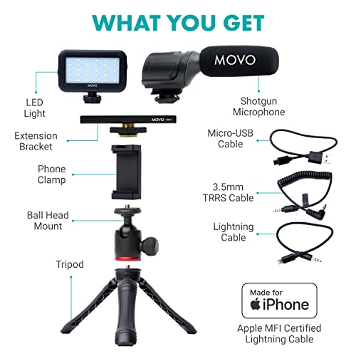 Movo iVlogger Vlogging Kit for iPhone - Lightning Compatible Video Vlog Kit - Accessories: Phone Tripod, Phone Mount, LED Light and Shotgun Microphone - for YouTube Starter Kit or iPhone Vlogging Kit