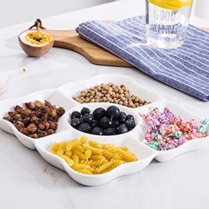 Nologo 4 Pcs White Plastic Divided Appetizer Serving Tray 5-Section Candy Snack Salad Desserts Dried Fruit Nuts Plate for Thanksgiving Wedding Home Office Party