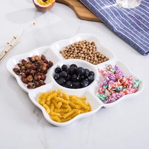 Nologo 4 Pcs White Plastic Divided Appetizer Serving Tray 5-Section Candy Snack Salad Desserts Dried Fruit Nuts Plate for Thanksgiving Wedding Home Office Party