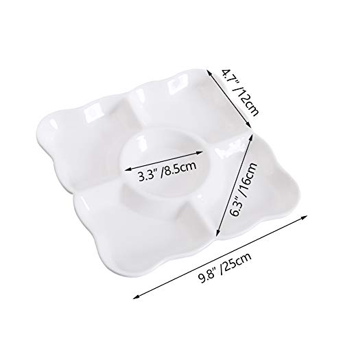 Nologo 4 Pcs White Plastic Divided Appetizer Serving Tray 5-Section Candy Snack Salad Desserts Dried Fruit Nuts Plate for Thanksgiving Wedding Home Office Party