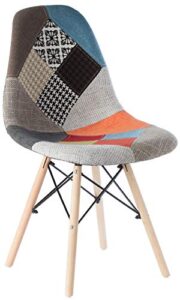 mid-century modern upholstered plastic multicolor fabric patchwork dsw shell dining chair with wooden dowel eiffel legs