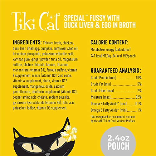 Tiki Cat Special Fussy Mousse, Duck Liver & Egg, Specially Formulated to Support Healthy Digestion, Function Wet Cat for Adult Cats, 2.4 oz. Pouch (Pack of 12)