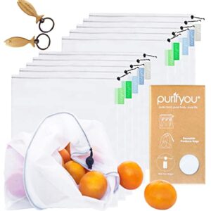 purifyou Set of 10 Reusable Produce Bags | Multipurpose Large (12x14), Farmers Market Bags, Washable Shopping Bags, Gift Bags, Storage for Fruits, Vegetables, Toys, Groceries, Kitchen & Home Organizer