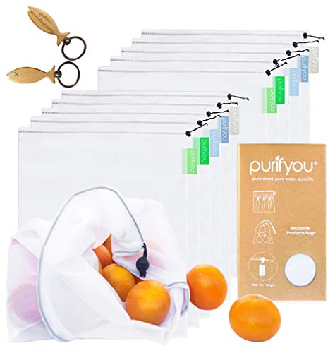 purifyou Set of 10 Reusable Produce Bags | Multipurpose Large (12x14), Farmers Market Bags, Washable Shopping Bags, Gift Bags, Storage for Fruits, Vegetables, Toys, Groceries, Kitchen & Home Organizer