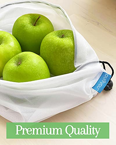 purifyou Set of 10 Reusable Produce Bags | Multipurpose Large (12x14), Farmers Market Bags, Washable Shopping Bags, Gift Bags, Storage for Fruits, Vegetables, Toys, Groceries, Kitchen & Home Organizer