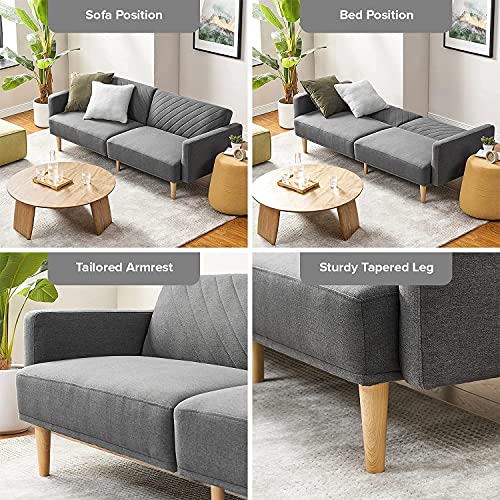 mopio Chloe Futon Sofa Bed, Convertible Sleeper Sofa with Tapered Wood Legs, 77.5" W, Small Splitback Sofa for Living Room Dark Gray Fabric, Twin