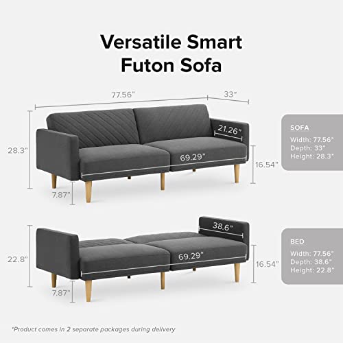 mopio Chloe Futon Sofa Bed, Convertible Sleeper Sofa with Tapered Wood Legs, 77.5" W, Small Splitback Sofa for Living Room Dark Gray Fabric, Twin