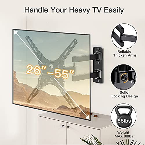 Full Motion TV Wall Mount Brackets for Most 26-55 Inch LED LCD Flat Curved Screen Monitors TVs, Single Articulating Arm TV Mount Swivel Tilt Extension, Max VESA 400X400mm Up to 88lbs by Pipishell