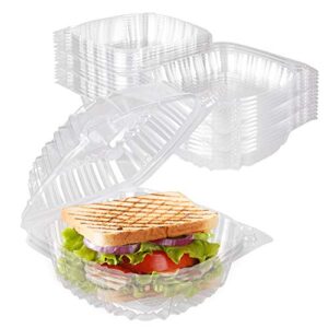 disposable plastic to go containers with clear lids (50 pack) fancy hinged top square clamshell food boxes for take out, home party togo clam shell box to carry cake, dessert, small sandwich