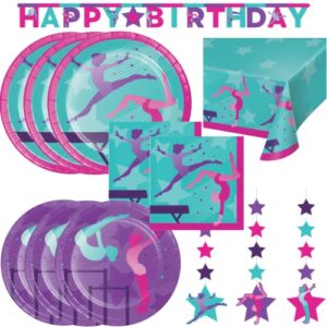 kid's gymnastics dance disposable tableware set for 24, party supplies include plates napkins banner danglers and table cover for boys, girls, birthday party decorations (85 pcs)