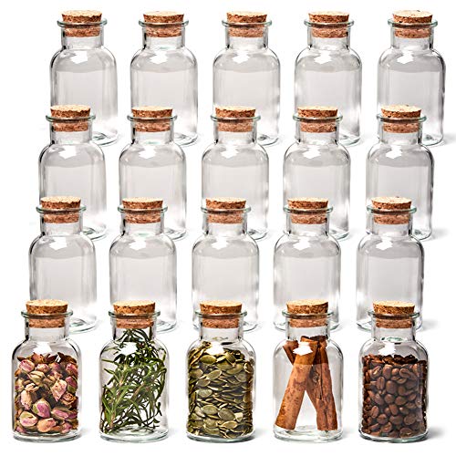 EZOWare 20pc Spice Jars, 5oz Bottle Clear Glass Canister Set with Cork Lid, Round Decorative Reusable Vial Storage Containers for Herbs, Teas, Seasonings, Party Favors, Candy (150ml)