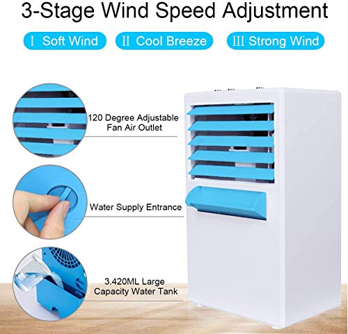 Personal Air Cooler - Evaporative Mini Air Conditioner with Icebox, 4-in-1 Portable Table Fan with 3 Fan Speeds, Quiet Mini Air Conditioner for Home & Office, Air Humidifier, AC Adapter Included