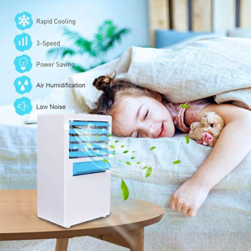 Personal Air Cooler - Evaporative Mini Air Conditioner with Icebox, 4-in-1 Portable Table Fan with 3 Fan Speeds, Quiet Mini Air Conditioner for Home & Office, Air Humidifier, AC Adapter Included