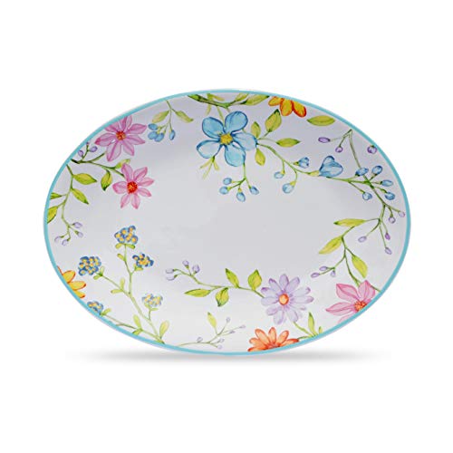 Euro Ceramica Charlotte Collection Stoneware Entertaining Serveware, 15" Oval Platter, Watercolor Floral/Garden Design, Multicolor