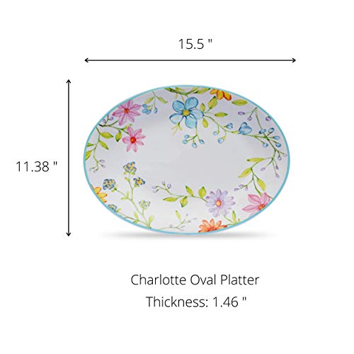 Euro Ceramica Charlotte Collection Stoneware Entertaining Serveware, 15" Oval Platter, Watercolor Floral/Garden Design, Multicolor