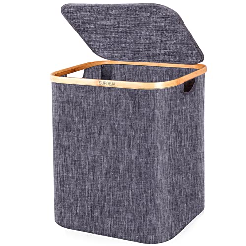 SUPDEJA 60L Laundry Hamper with Lid - Small Laundry Basket with Bamboo Handles, Dirty Clothes Hampers for Laundry with Lid, Collapsible Laundry Baskets for Clothes Storage and Bedroom