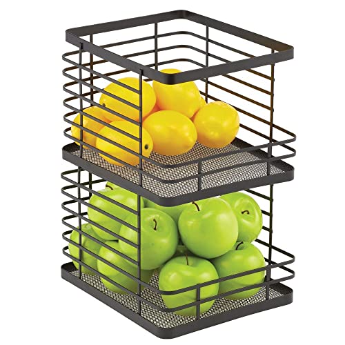 mDesign Stacking Wire Baskets Food Organizer Storage Metal Basket with Open Front for Kitchen Cabinet, Pantry, Cupboard, and Shelves - Organize Fruits, Snacks, and Vegetables - 2 Pack - Matte Black