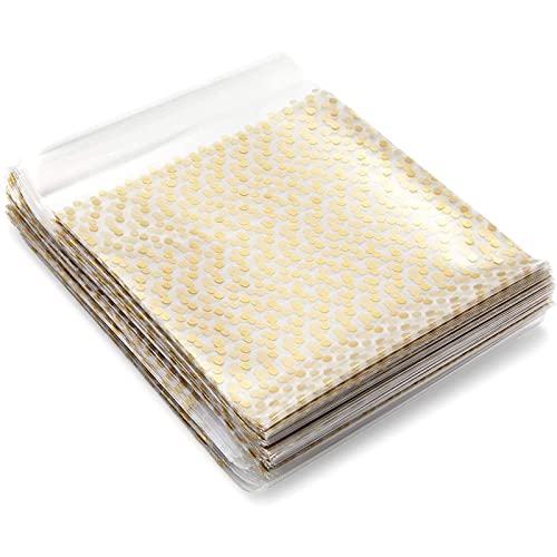 250-Pack 4x6-Inch Clear Cellophane Cookie Bags with Gold Foil Polka Dots and 1.5-Inch White Round "Thank You" Stickers with Gold Foil Cursive Font, Plastic Treat Bags with Sealable Flap