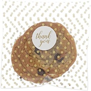 250-Pack 4x6-Inch Clear Cellophane Cookie Bags with Gold Foil Polka Dots and 1.5-Inch White Round "Thank You" Stickers with Gold Foil Cursive Font, Plastic Treat Bags with Sealable Flap