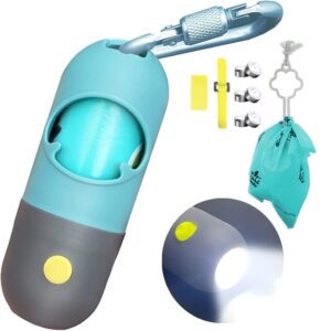 dog poop bag dispenser with built-in led flashlight and metal clip for leash, pet waste bag holder, dog walking accessory, crystal blue