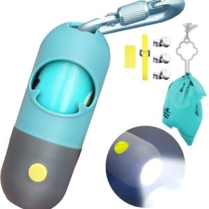 Dog Poop Bag Dispenser with Built-in LED Flashlight and Metal Clip for Leash, Pet Waste Bag Holder, Dog Walking Accessory, Crystal Blue