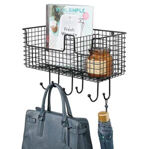 mdesign metal wire farmhouse wall decor storage organizer basket with 6 hooks for entryway, hallway, mudroom, bedroom, bathroom, laundry room - wall mount - black