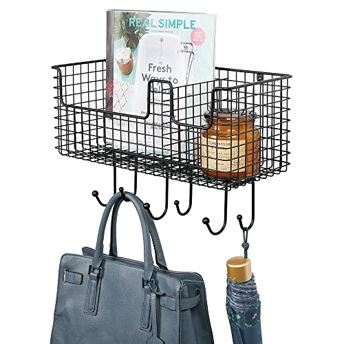 mDesign Metal Wire Farmhouse Wall Decor Storage Organizer Basket with 6 Hooks for Entryway, Hallway, Mudroom, Bedroom, Bathroom, Laundry Room - Wall Mount - Black