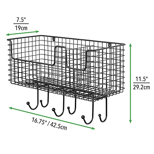 mDesign Metal Wire Farmhouse Wall Decor Storage Organizer Basket with 6 Hooks for Entryway, Hallway, Mudroom, Bedroom, Bathroom, Laundry Room - Wall Mount - Black