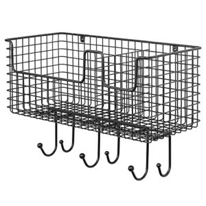 mDesign Metal Wire Farmhouse Wall Decor Storage Organizer Basket with 6 Hooks for Entryway, Hallway, Mudroom, Bedroom, Bathroom, Laundry Room - Wall Mount - Black