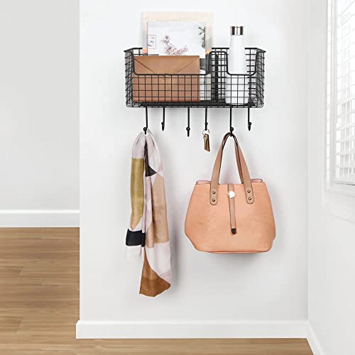 mDesign Metal Wire Farmhouse Wall Decor Storage Organizer Basket with 6 Hooks for Entryway, Hallway, Mudroom, Bedroom, Bathroom, Laundry Room - Wall Mount - Black