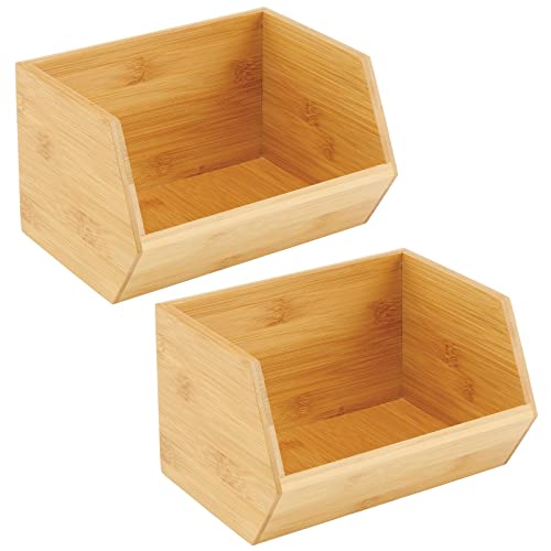 mDesign Bamboo Stackable Food Storage Organization Bin Basket - Wide Open Front for Kitchen Cabinets, Pantry, Offices, Closets, Holds Snacks, Dry Goods, Packets, Spices, Teas - 2 Pack - Natural Wood