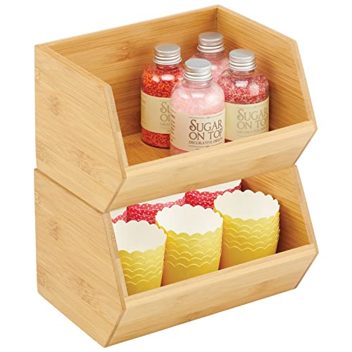 mDesign Bamboo Stackable Food Storage Organization Bin Basket - Wide Open Front for Kitchen Cabinets, Pantry, Offices, Closets, Holds Snacks, Dry Goods, Packets, Spices, Teas - 2 Pack - Natural Wood