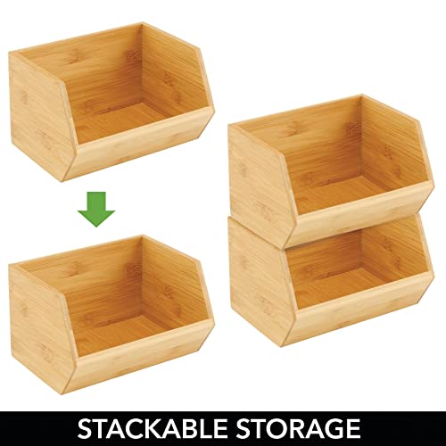 mDesign Bamboo Stackable Food Storage Organization Bin Basket - Wide Open Front for Kitchen Cabinets, Pantry, Offices, Closets, Holds Snacks, Dry Goods, Packets, Spices, Teas - 2 Pack - Natural Wood