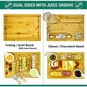 PandPal Bamboo Cheese Board with Knife & Fork Set, Wood Charcuterie Platter & Food Serving Tray for Wine Glasses, Bowls, House Warming Gift, Misoph Collection